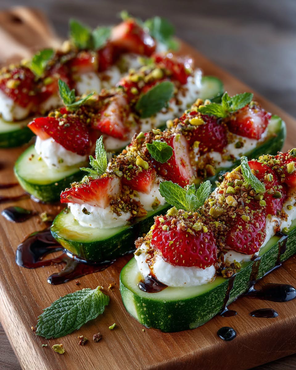 Strawberry Burrata Cucumber Boats with Pistachio Crunch